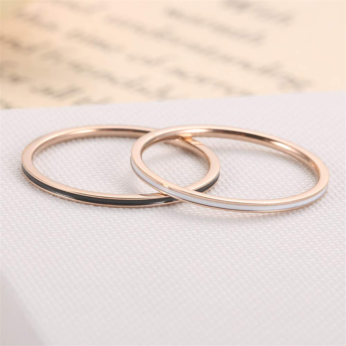 IFUAQZ Women's Stainless Steel 1MM Thin Midi Stacking Ring Enamel Plain Rose Gold Wedding Band Comfort Fit Black Size 6