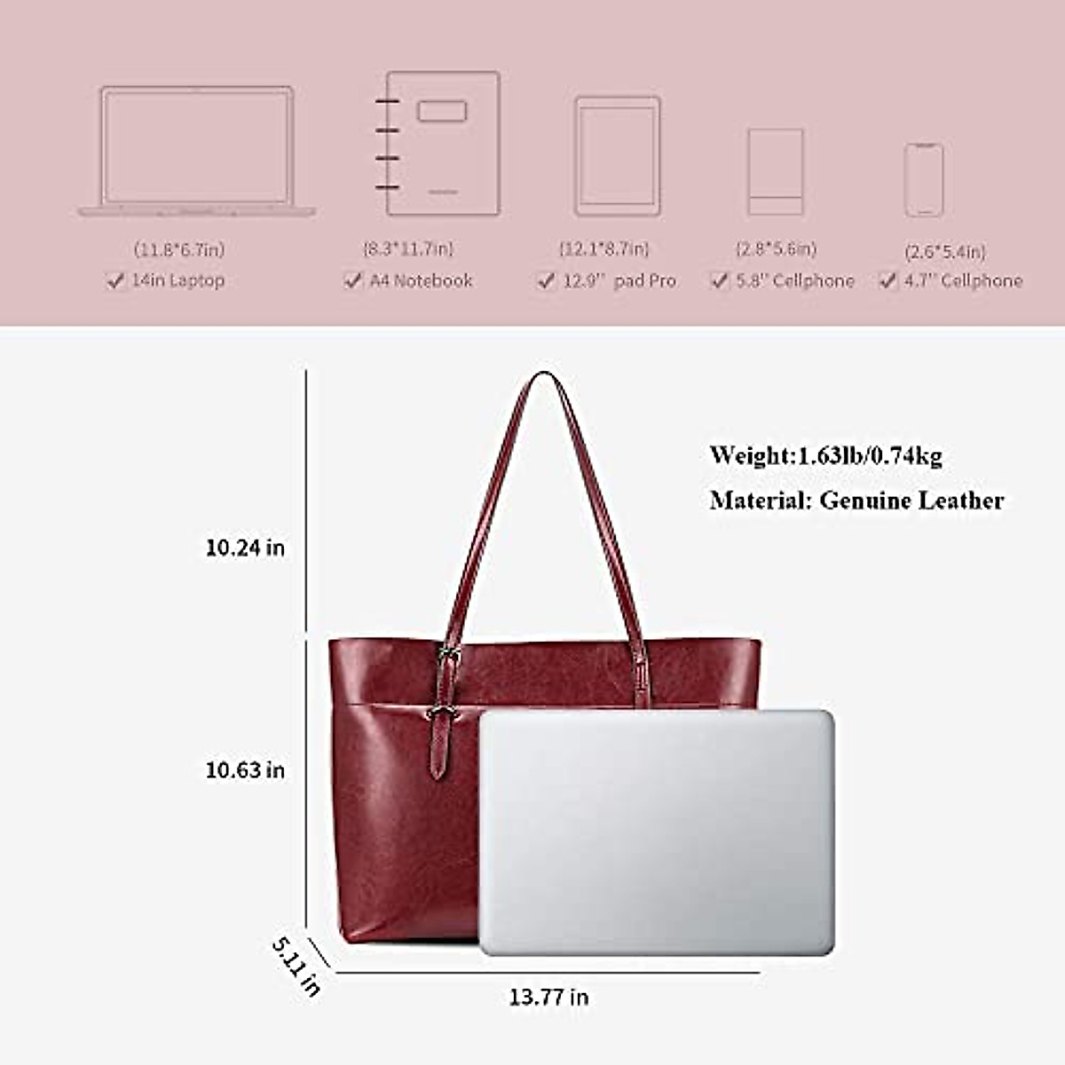 Kattee Vintage Genuine Leather Tote Shoulder Bag for Women Satchel Handbag with Top Handles (1-Red)