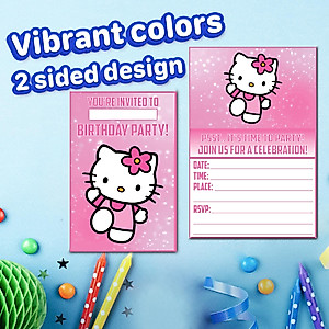 Set of 20 Cute Pink Cat Term or Description -Themed Happy Birthday Invitation Cards & Envelopes - Lightweight (240g), Postcard Style Invites for the Perfect Party Pack