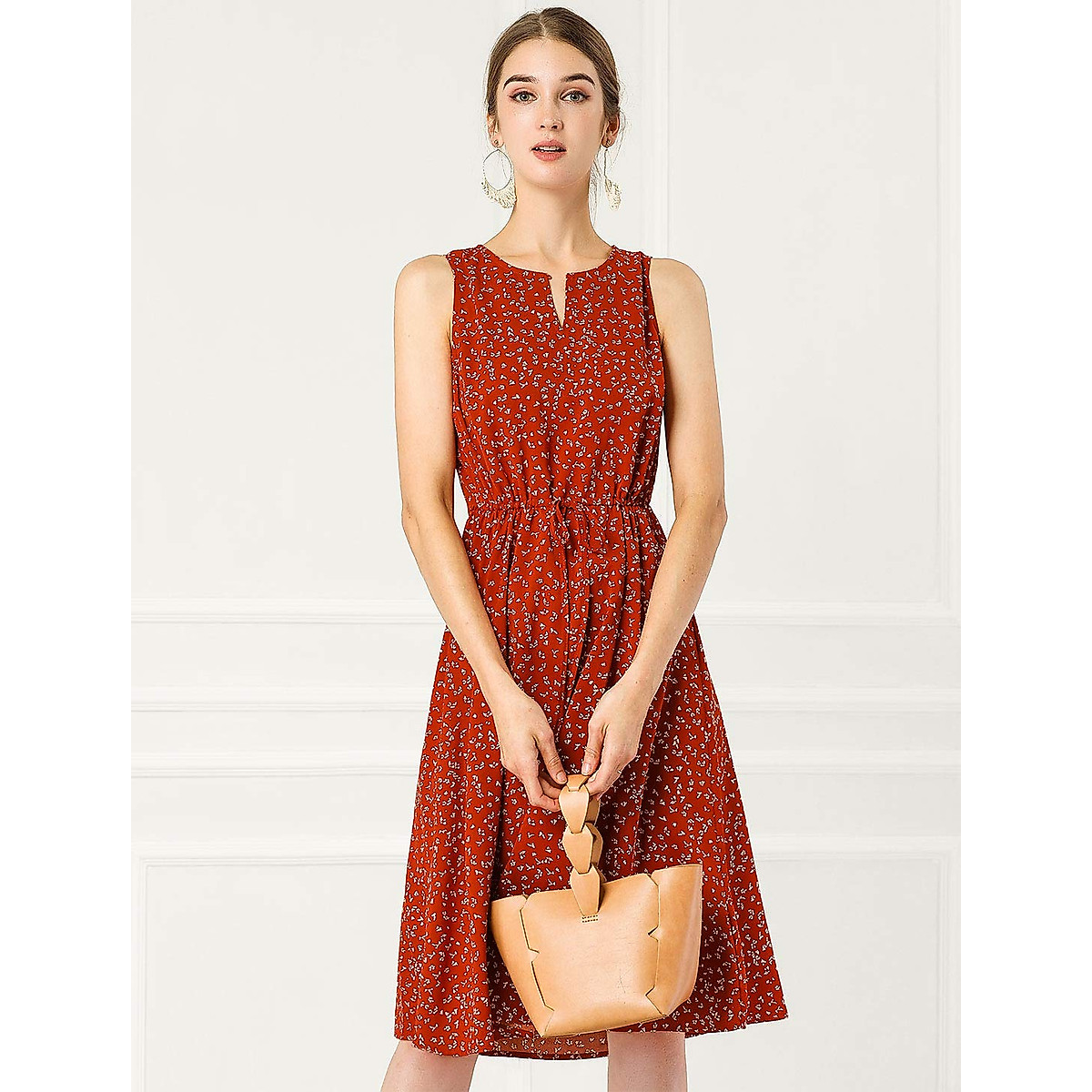 Allegra K Women's Sleeveless Split Neck Drawstring Waist Casual Floral Midi Dress X-Large Red