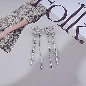 Sttiafay Vintage Bow Crystal Drop Earrings Silver Bar Dangle Earrings Long Crystal Bow Chain Earrings Cz Tassel Chain Earrings Jewelry for Women and Girls