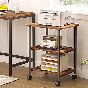 HOOBRO Printer Stand,3-Tier Adjustable Table Printer Cart on Wheels, Heavy Duty Storage Machine Rack for Home Office, Rustic Brown and Black BF03PS01