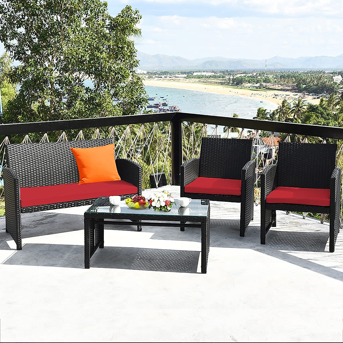 Tangkula Patio Wicker Conversation Furniture Set, Patiojoy Sofa & Table Set w/4 Seats, Outdoor Rattan Sofa Set for Balcony Backyard, Wicker Chair Set with Tempered Glass Coffee Table (1, Red)