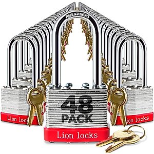 Lion Locks 48 Keyed Alike Padlocks with 2" Long Shackle, 96 Keys - Padlocks for Outdoor Use, Locks with Keys, Hardened Steel Case, Pick Resistant Brass Pin Cylinder for Hasp Latch, Locker, Gate