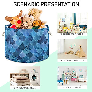 MNSRUU Storage Basket 20"x14" Navy Blue Mermaid Scales Round Storage Organizer Basket with Handles, Fabric Nursery Laundry Basket Large Capacity