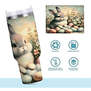Maunzc 40 oz Tumbler with Handle and Straw, Insulated Stainless Steel Travel Mug with Lid for Coffee, Iced Tea, Water, Gift for Men Women (Cute Easter Bunny)