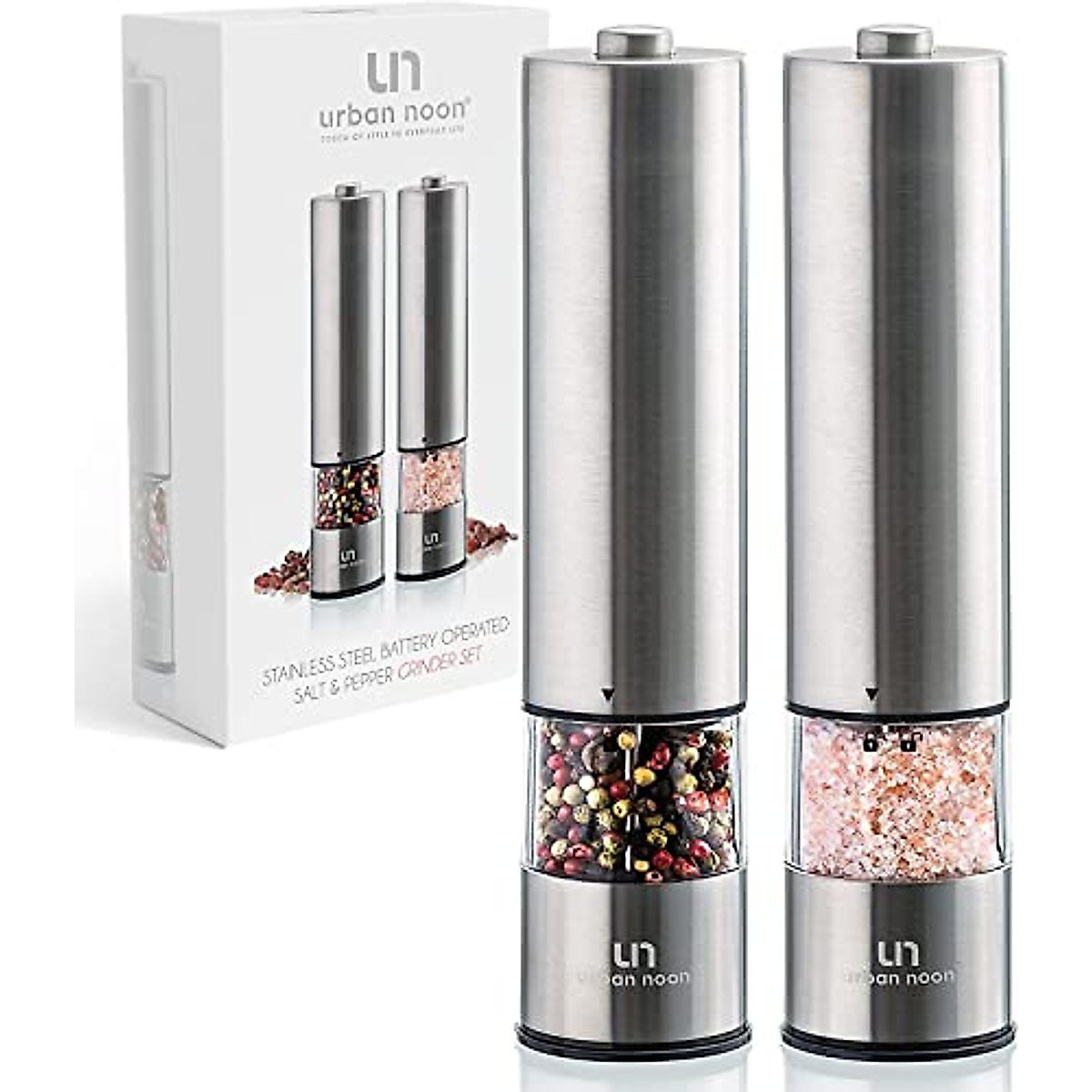 Electric Salt and Pepper Grinder Set - Battery Operated Stainless Steel Mill with Light (Pack of 2 Mills) - Automatic One Handed Operation - Electronic Adjustable Shakers - Ceramic Grinders