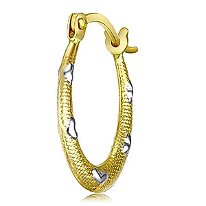 Wellingsale Ladies 14k Two Tone White and Yellow Gold Polished Heart Pattern Oval Hoop Earrings (12 x 15mm)