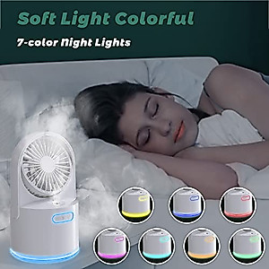 Desk Misting Fan Portable Table Fan with 300ML Large Water Tank and 7 Colorful Nightlights, Personal Fan with 3 Speed Strong Wind USB Rechargeable Cooling Mister Fan for Home, Office, Outdoor