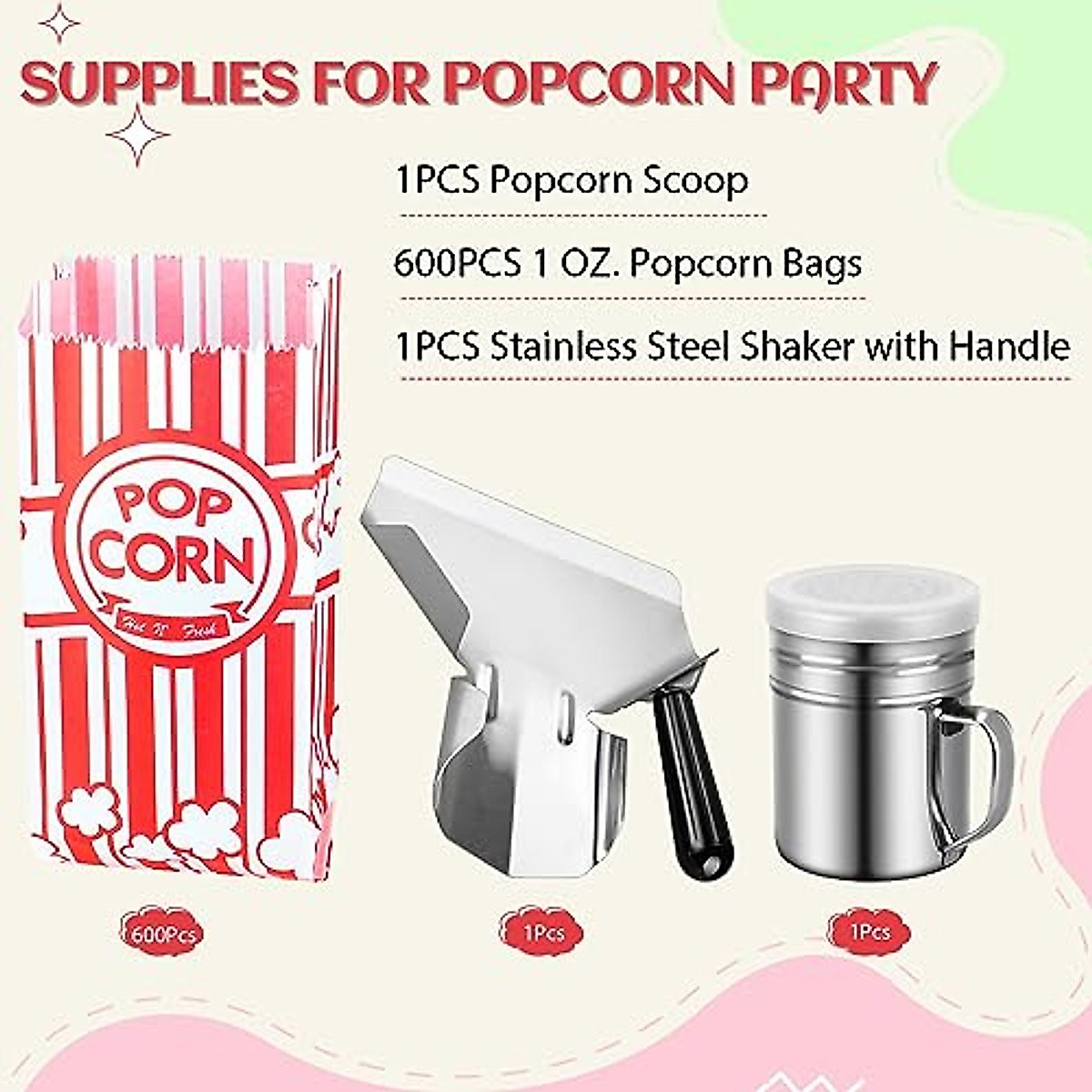 Essenya 602 PCS Popcorn Bags with Popcorn Scoop and Salt Shaker,1 oz Small Pop Corn Bags Popcorn Bags Individual Servings for Popcorn Machine Supplies Party Movie Night Theater