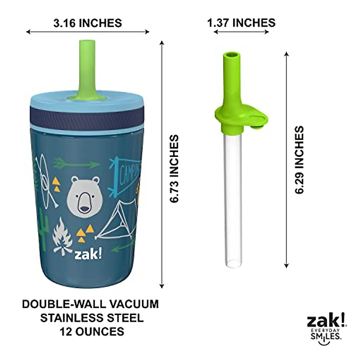 Zak Designs Campout and Camping Kelso Tumbler Set, Leak-Proof Screw-On Lid with Straw, Bundle for Kids Includes Plastic and Stainless Steel Cups with Bonus Sipper, 3pc Set, Non-BPA,15 fl oz