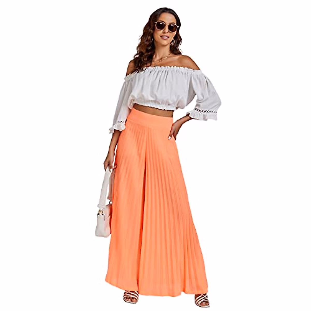 LYANER Women's Elastic High Waisted Wide Leg Palazzo Pants Loose and Casual Pleated Trousers Orange X-Large