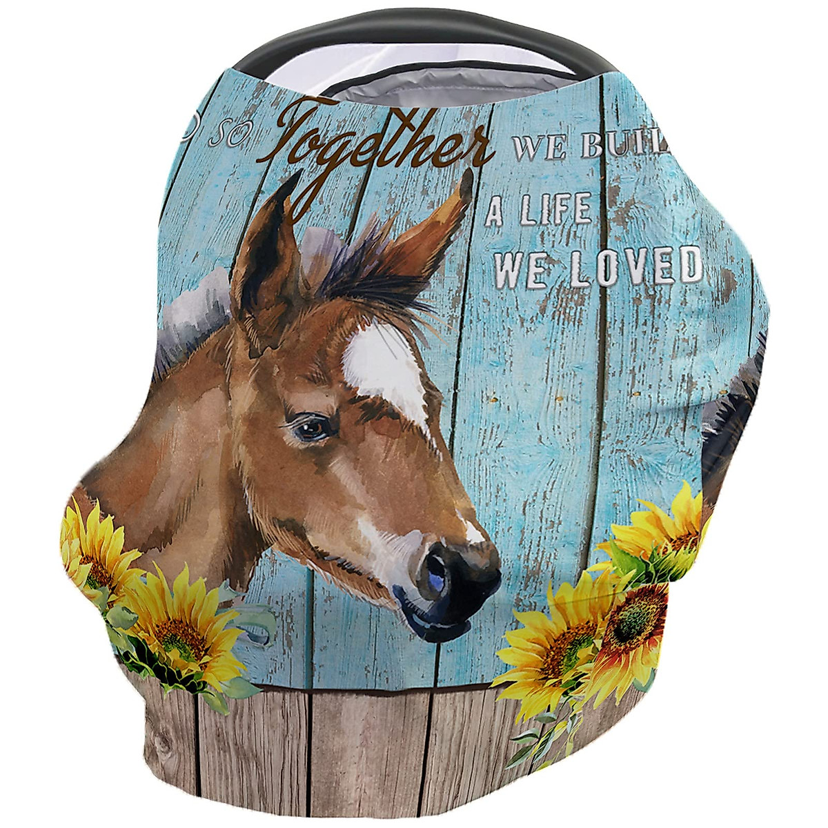 Funny Horse Baby Car Seat Covers, Nursing Cover Breastfeeding Scarf/Shawl, Infant Carseat Canopy, Stretchy Soft Breathable Multi-use Cover Ups, Farm Animals with Sunflower on Retro Wooden