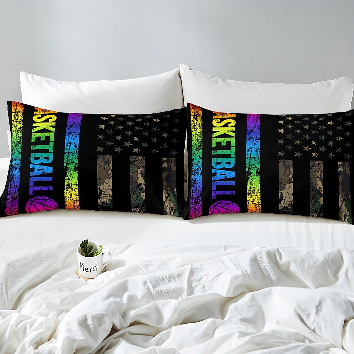 Basketball Boys Bedding Set Twin Size,Ball Sports Games Rainbow Stripes Fitted Sheet for Kids Boys Bedroom,Green Camo Stars American Flag Microfiber Soft Bed Cover,1 Pillow Case