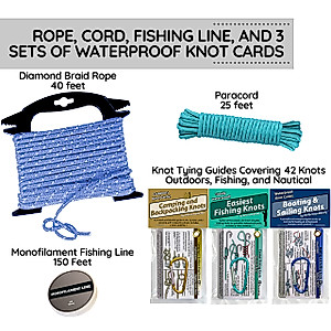 Deluxe Knot Tying Kit with Rope, Cord, Fishing Line, and 3 Knot Tying Guides (Outdoors, Fishing, Boating) - Learn How to Tie 42 Knots