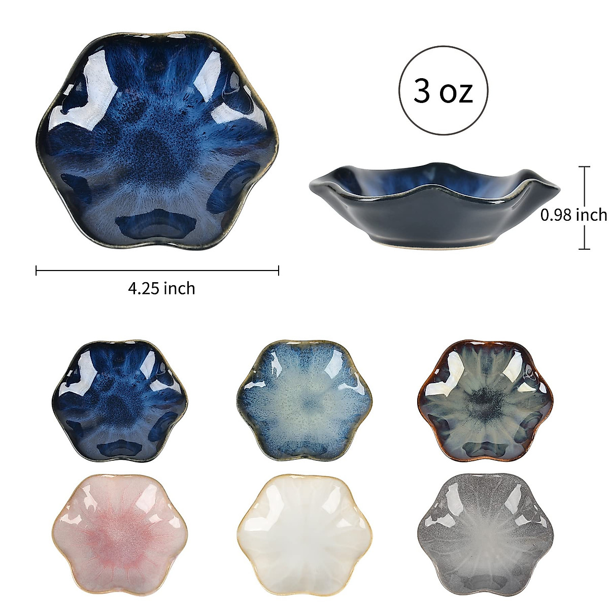 Dipping Bowls Set of 6, Ceramic Soy Sauce Dish, Flower Dipping Sauce Bowls, Pinch Bowls, Special Reactive Glazed Small Condiment Finger Bowls for Dip Sushi Soy Sauce Cup Dish