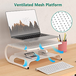 WALI Monitor Stand Riser, Desk Organizer with 2 Tiers Storage Shelf, Vented Metal Design for Laptop, Computer Monitor and Printer (STT001BW), 1 Pack, White