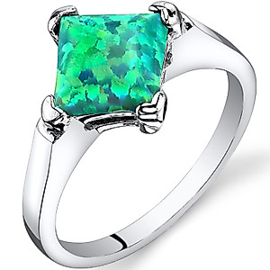 PEORA Created Green Fire Opal Classic Solitaire Ring for Women 925 Sterling Silver, 1 Carat Princess Cut 7mm, Size 8