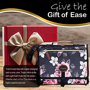 Portable Diaper Changing Pad Thick Cushion Pillow - Foldable Clutch Bag Travel Changing Mat Detachable Wipe Pockets Baby Gift - Black Pink Floral Rose