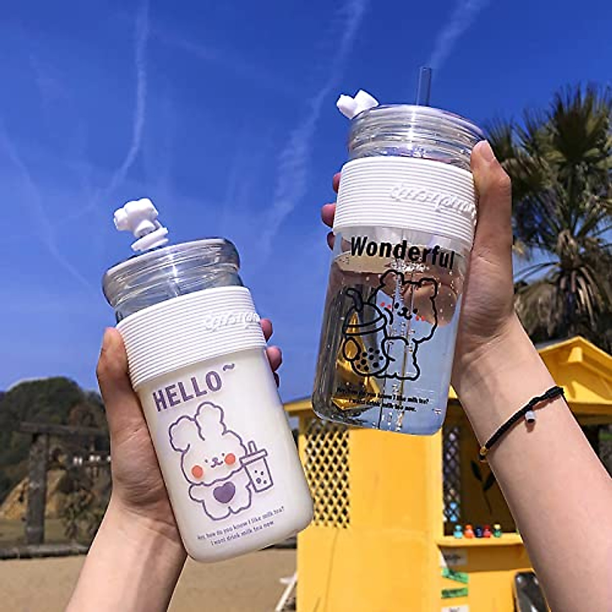 Cute Water Bottles Cartoon Bear Kawaii Water Bottle Milk Juice Coffee Glass Water Bottle with Straw, Portable Leakproof Water Cup for Girls Boys, BPA Free, 15 oz (Milk Tea Bear)