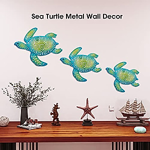 Metal Sea Turtle Wall Decor, Beach Sea Turtle Bathroom Decor Metal Wall Art for Outdoor Bathroom Living Room Patio Garden Fence Bedroom Pool(Teal, Set of 3)