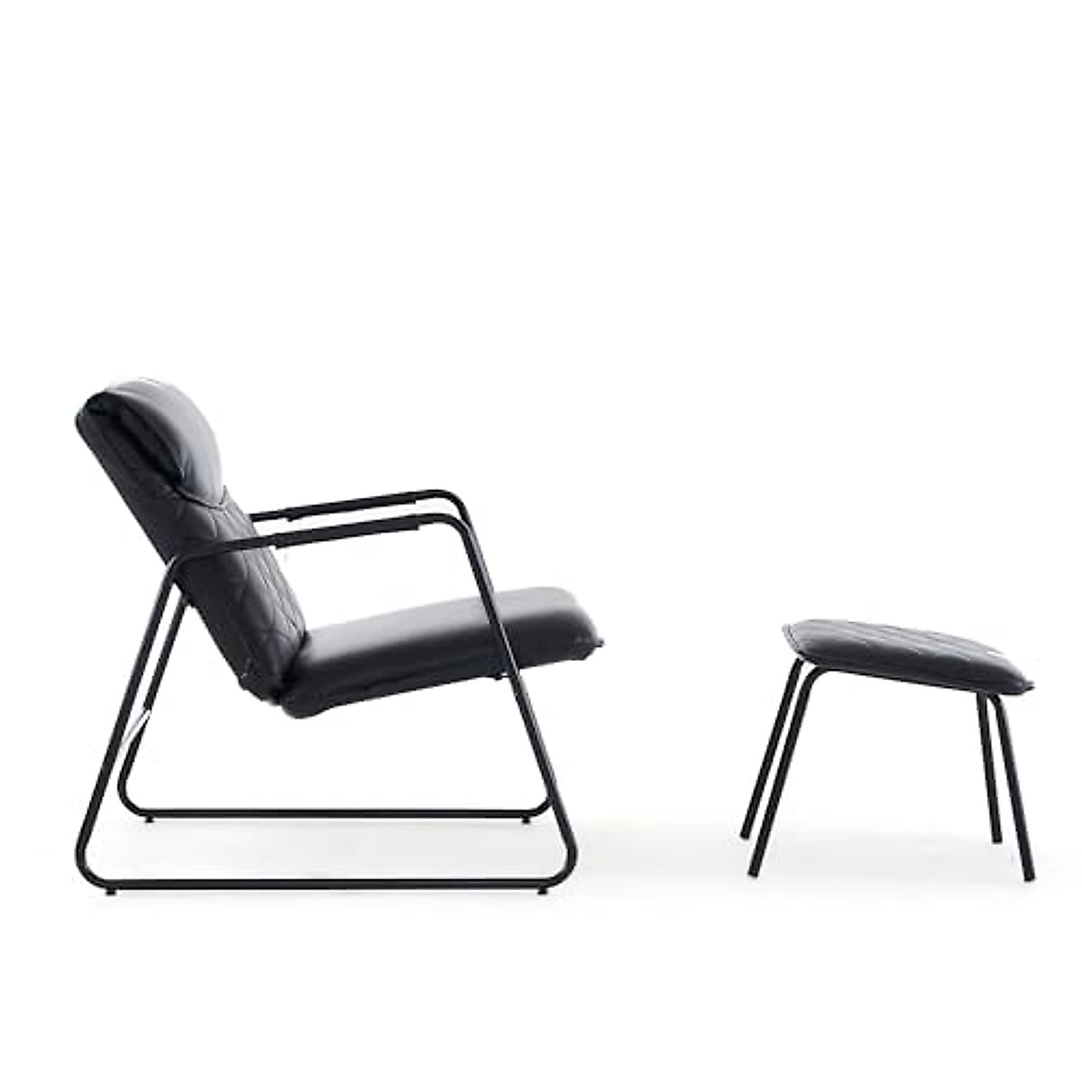 Penifun Accent Chair and Ottoman Set, PU Leather Upholstered Comfy Side Leisure Lounge Armchair with Metal Frame & Lattice Back, Footstool for Living Room, Black