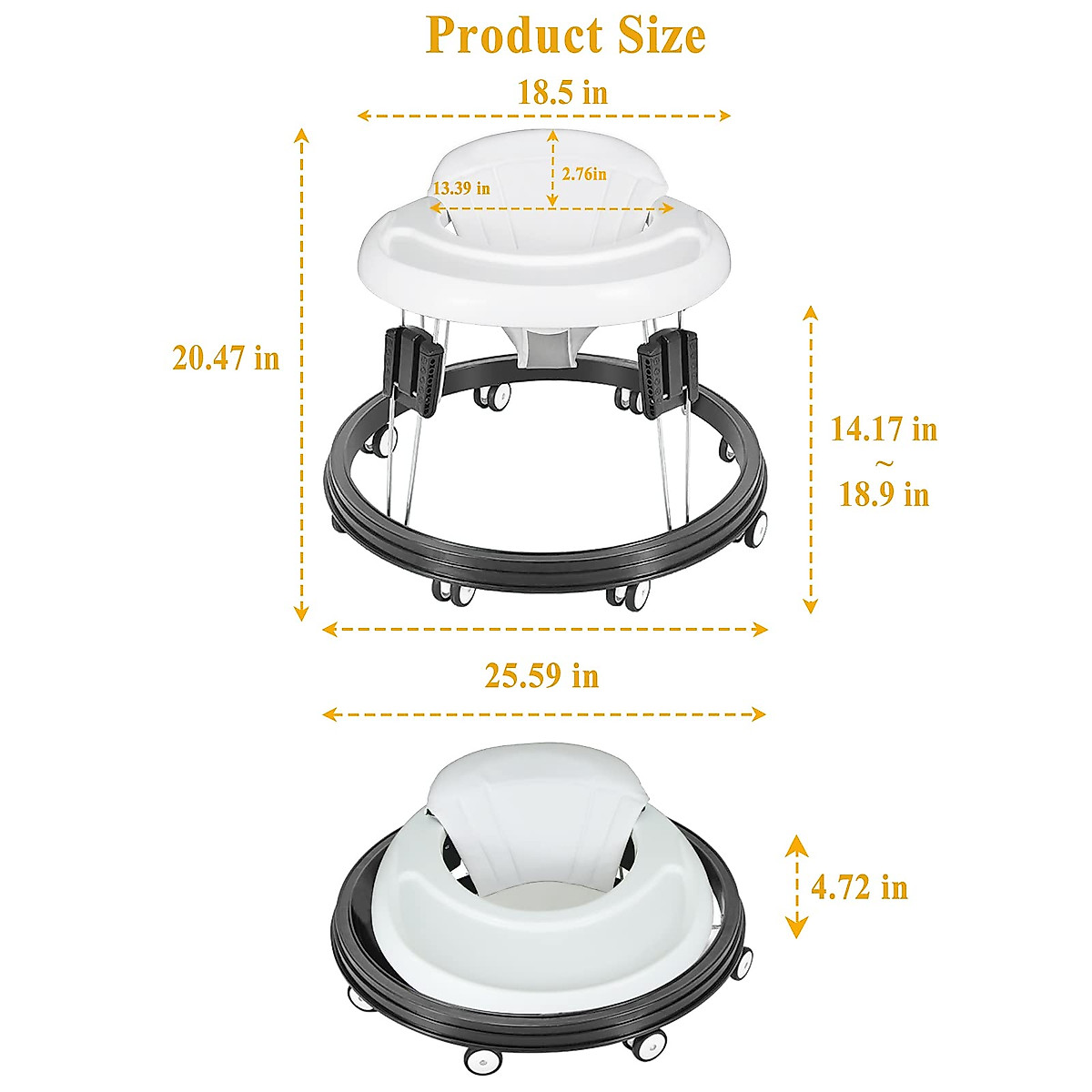 Baby Walker for Boys and Girls, Foldable Toddler Round Walker with Adjustable Height, Detachable Seat Cover and Mute Anti-Rollover Baby Walker, Suitable for Height 65-88cm