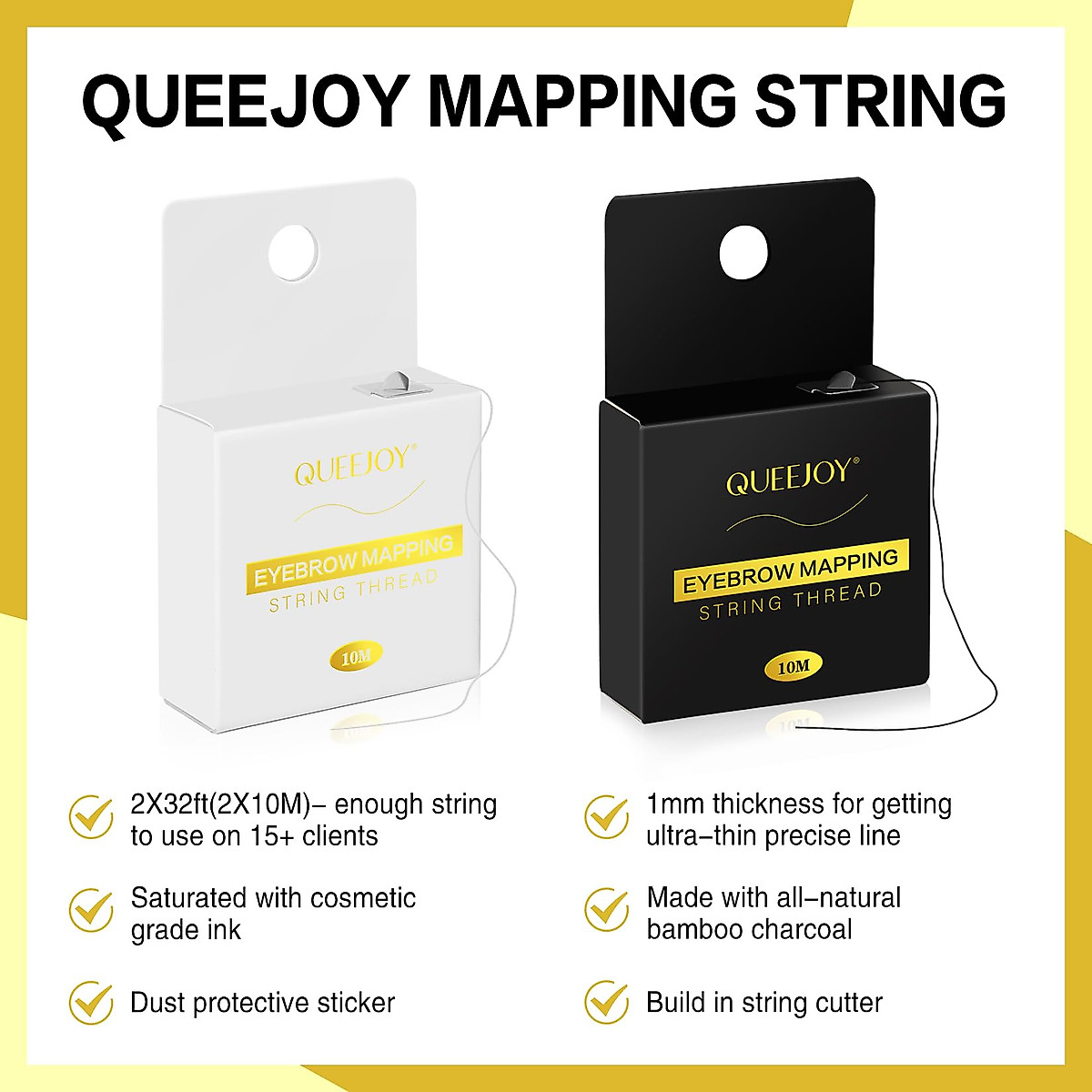 QUEEJOY Brow Mapping String - 10M Black and White Premium Eyebrow Mapping String, 1mm Charcoal Eyebrow Thread, Eyebrow Mapping Kit [2 X 32 Ft Box - 20 m], White Mapping String for Eyebrows