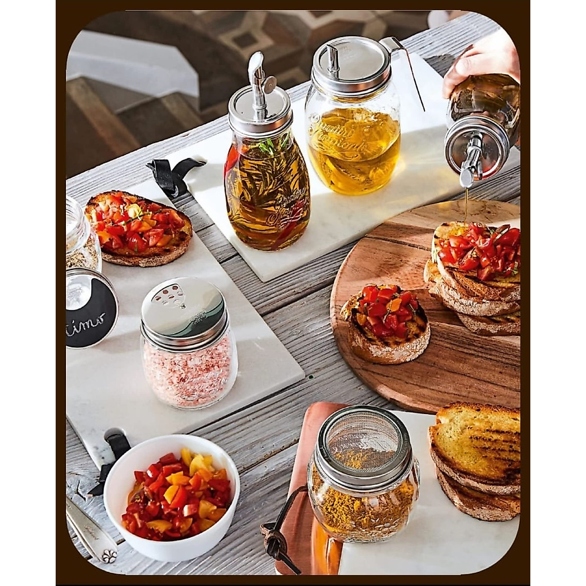 Bormioli Rocco Quattro Stagioni Variety Pack, Set Of 3 Mason Jars - Salt And Spice Shaker - Grater - Sifter, Strainers, Sieve - 8.5 Oz. Durable Glass, Stainless Steel Lid, Made In Italy.