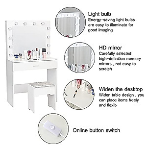 TEEGUI Vanity Set with Lighted Mirror, Makeup Vanity Dressing Table Dresser Desk Chair with Large Drawer for Bedroom, White Bedroom Furniture(12 Cool LED Bulbs) [US Shipping]