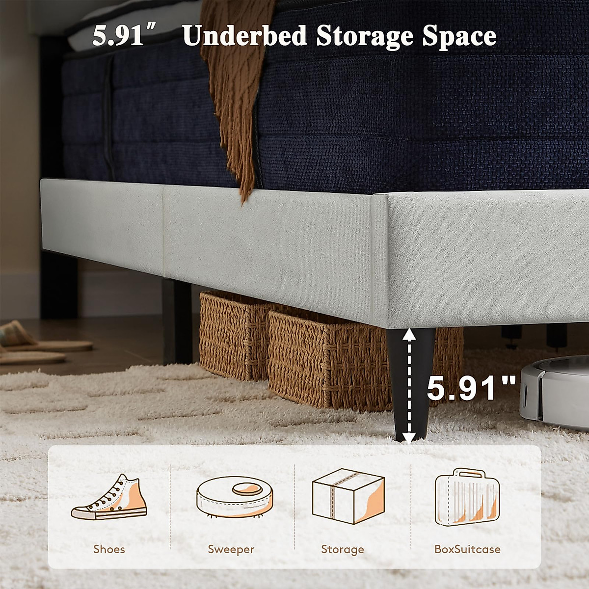 Zeelovtress Queen Size Upholstered Bed Frame with Adjustable Headboard, Velvet Platform Bed, Tufted Bedframe Mattress Foundation with Strong Wooden Slats, Easy Assembly, Light Grey