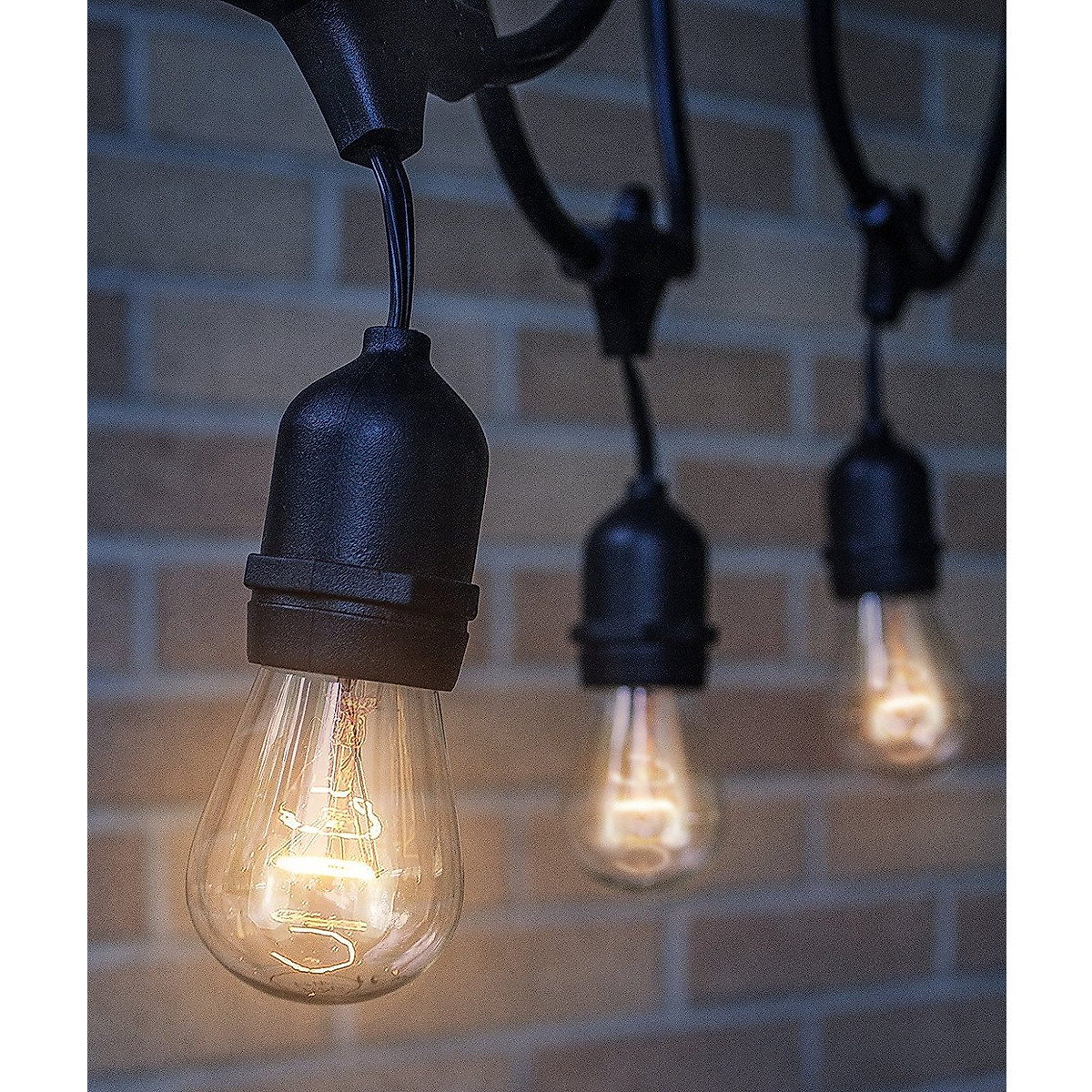 Outdoor String Lights 48 Ft, Commercial Grade Outdoor Light Strand with Hanging Sockets - Weatherproof Strand for Patio Garden Porch Backyard Party Deck Yard, 15 light bulbs included – Black