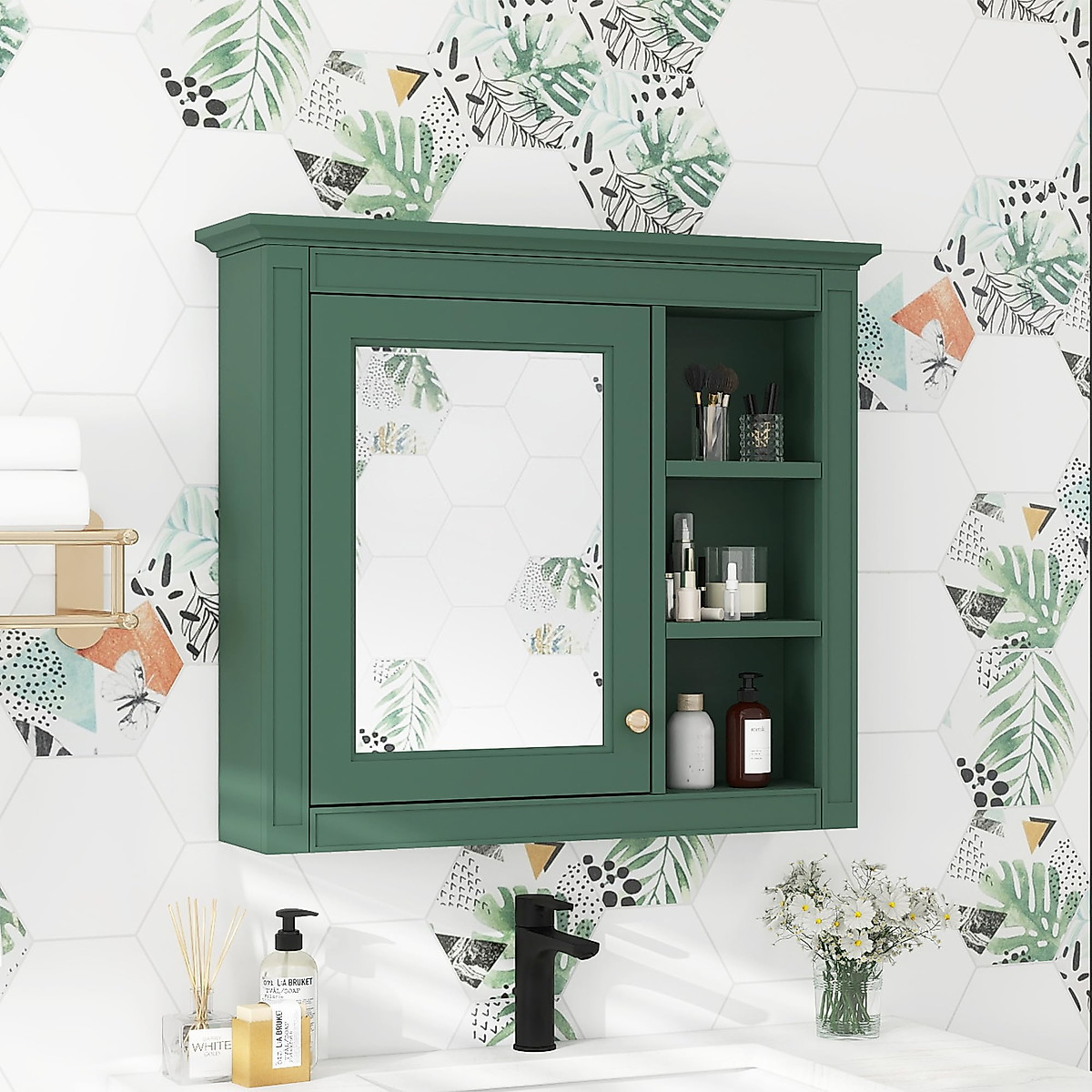 Royard Oaktree Bathroom Wall Mirror Cabinet, Modern Medicine Cabinet with Single Door and Adjustable Shelf, Over The Toilet Space Saver Storage Cabinet with 3 Open Shelves, Green