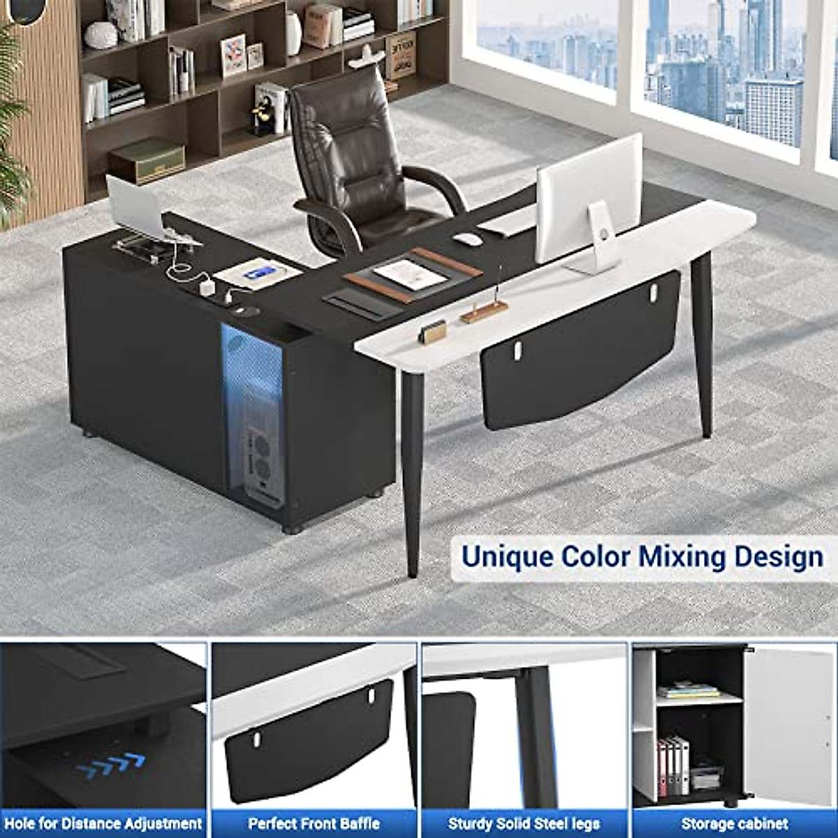 Unikito 55inch Computer Desk with Cabinet, Large Black L Desk with LED and Charging Station, Home Office Desk with Door and Storage, Office Desk with Power Outlet, Gaming White Desk PC Table