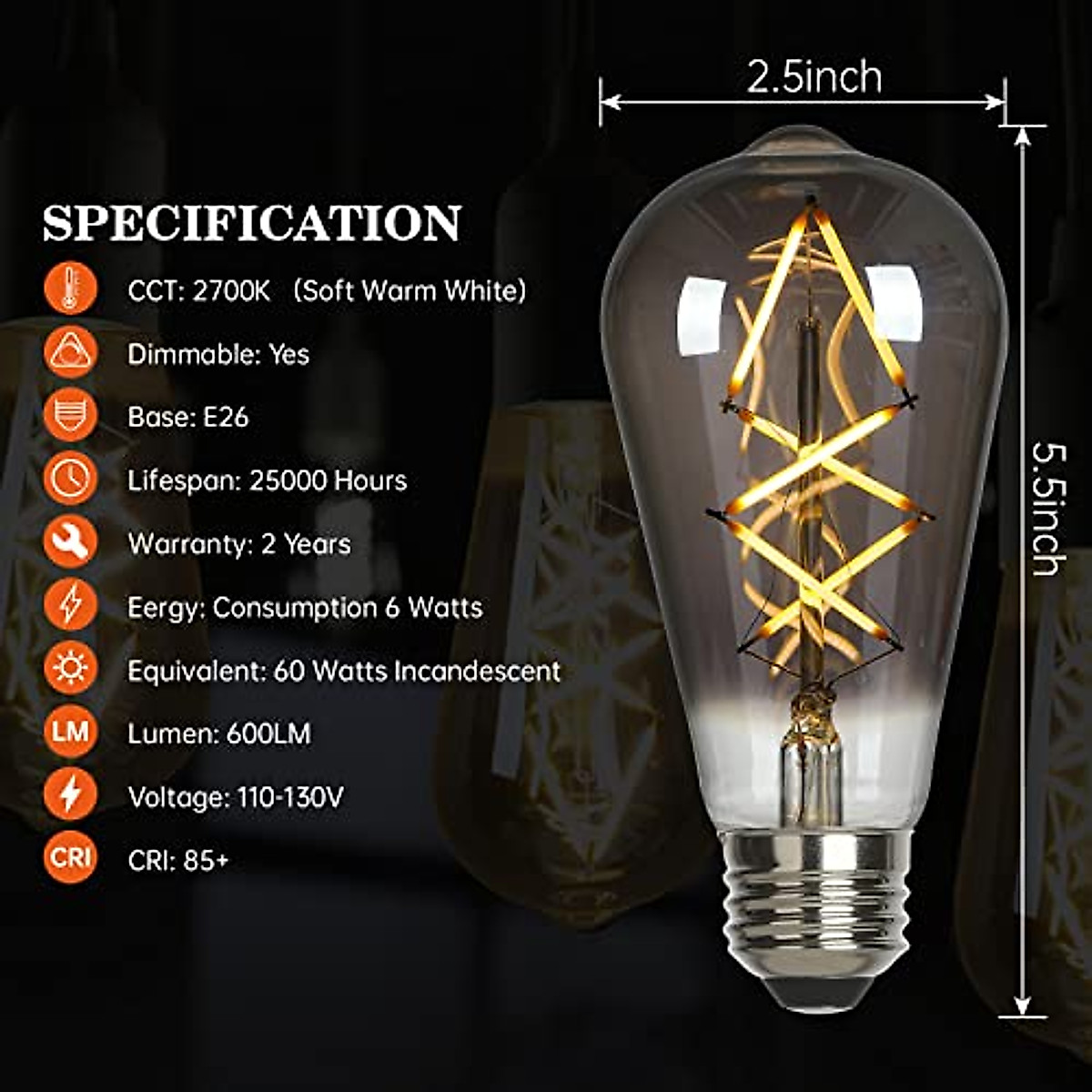 Dimmable LED Edison Light Bulbs, Smoky Grey Vintage Lightbulbs 60 Watt Equivalent 2700K Soft Warm White, ST64 600LM Vanity Light Bulbs With E26 Base for Bathroom, Bedroom, Living Room and Kitchen