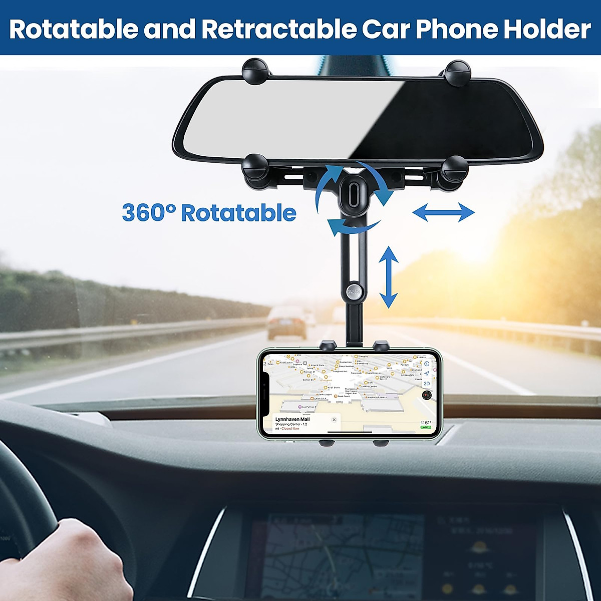 KKaizhengZ Rear View Mirror Phone Holder, 360° Rotatable and Retractable Car Phone Holder, New Upgrade & Multifunctional 4 Claws Phone Mount for Car Compatible with All 4-7 Inch Smartphones