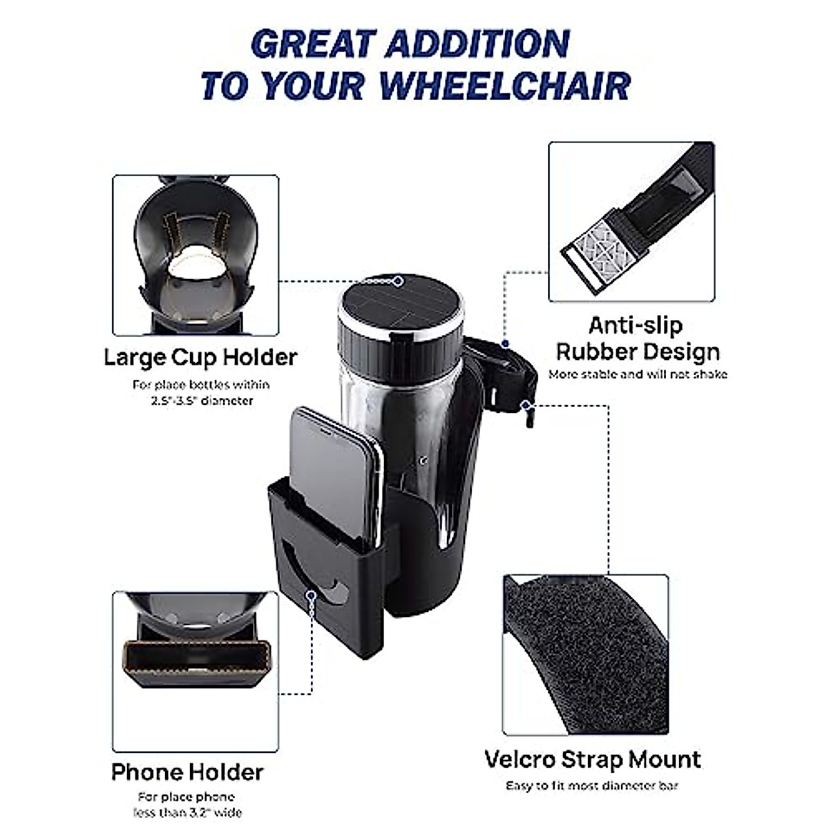 JOYTUTUS Cup Holder for Wheelchair, 2 in 1 Water Bottle Holder and Phone Bracket, Universal Drink Cup Holder for Walker, Rollator, Stroller, Scooter