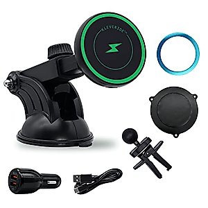 KLEVERIDE - Magnetic Wireless Charger Car Mount/Phone Holder with Flexible Angle, Fast Charging, Strong Magnet, Mounted on Dashboard/Windshield/Air Vent, Compatible with MagSafe iPhone 12/13/14 Series