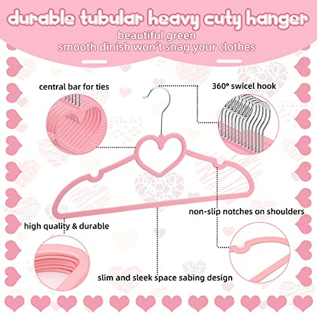50 Pieces Cute Heart Hangers with 360 Degree Swivel Hook Heavy Duty Clothes Hanger Adult Coat Hangers for Jackets, Pants, Shirts, Suit, Dress Room Closet Decor(Pink,Plastic)