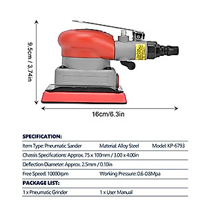 WALFRONT Pneumatic Sander 10000 RPM Air Square Orbit Finishing Sander for Wood Sanding Car Waxing Metal Sanding 75 x 100mm / 3.00 x 4.00in