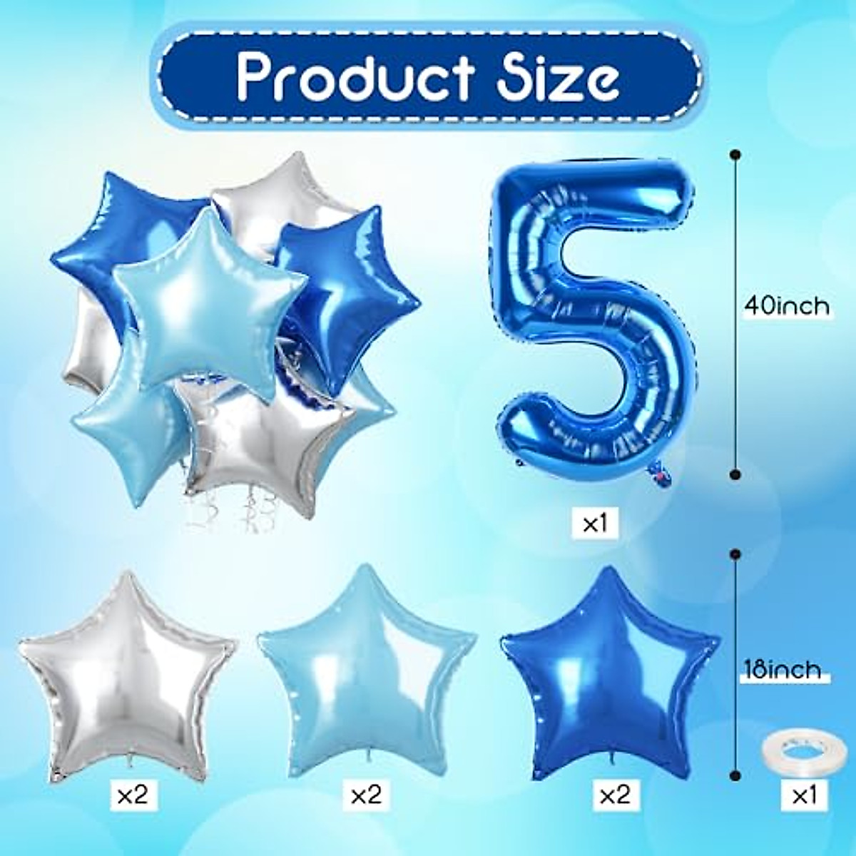 40 Inch Dark Blue Number Balloons 15, Large Royal Light Blue 15 Helium Foil Mylar Balloon, Globos Azules Self Inflating Silver Star Number 15 Balloon for Boys 15th Birthday Party Graduation Decoration