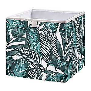 CaTaKu Watercolor Tropical Leaves Cubes Storage Bins 11 inch Collapsible Fabric Storage Baskets Shelves Organizer Foldable Decorative Bedroom Storage Boxes for Organizing Home
