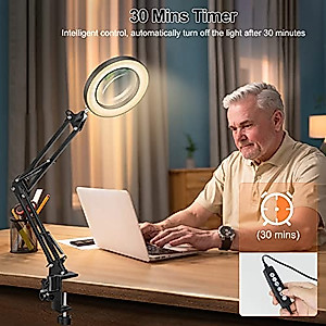 BRISON Magnifying Desk Lamp with Clamp, 3 Adjustable Light, 10 Brightness 8X Magnifier Lamps for Reading/Office/Soldering/Crafts, Swing Arms LED Desk Lamp with Sleep Timer Function