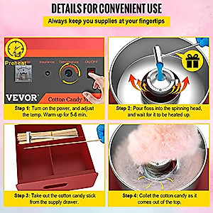 VBENLEM Commercial Cotton Candy Machine with Cart, Electric Floss Maker with Stainless Steel Bowl, Sugar Scoop and Drawer, for Family and Various Party, Red