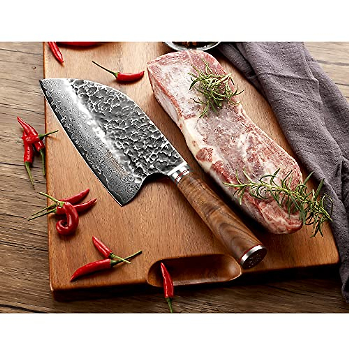 YOUSUNLONG Hybrid Cleaver Outdoor Heavy Duty Meat Cleaver 8 Inch Hammered Damascus Natural Walnut Wood Sheath with Leather