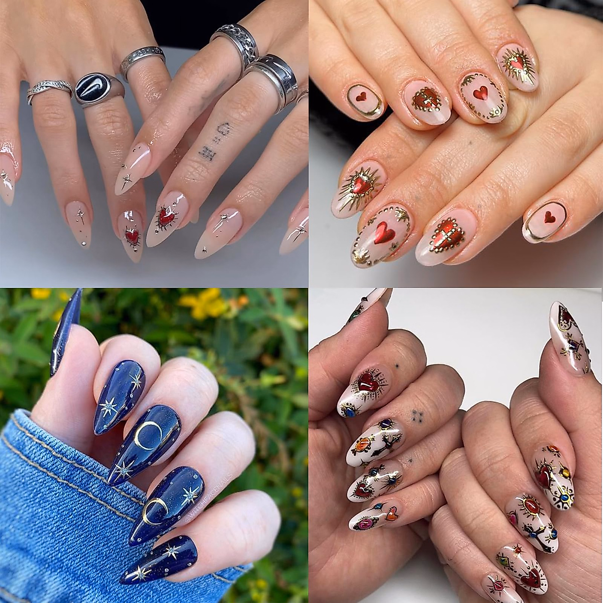 8 Sheets Gold Sun Star Nail Art Stickers Bronzing Moon Nail Decals 3D Self-Adhesive Red Heart Nail Stickers Exquisite Glitter Rose Gold Silver Star Moon Design Women Girls for DIY Nail Decorations