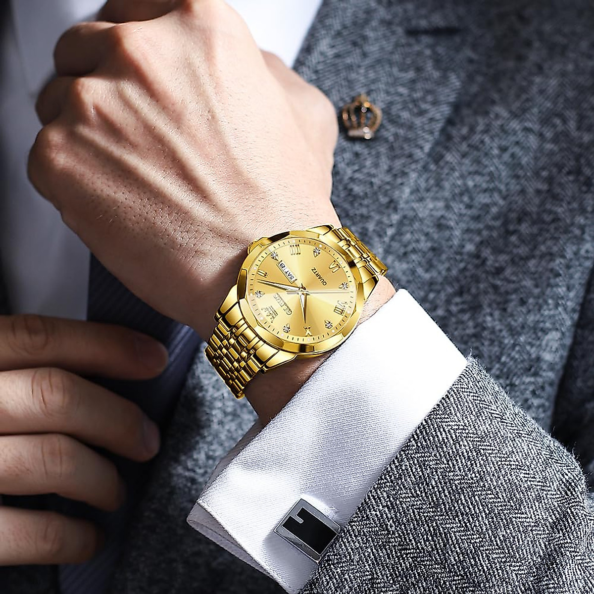 OLEVS Gold Watches for Men Large Face Analog Wrist Watch Easy Read Big Wrist Mens Golden Stainless Steel Strap Watches with Date Water Resistant Luminous Hands Male Watch Quartz Relojes para Hombres