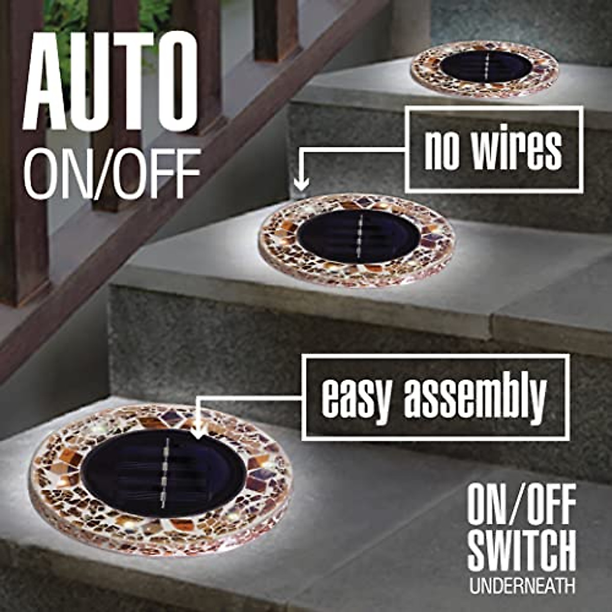 Bell+Howell Solar Outdoor Mosaic Disk Lights, 4 Pack Ultra-Premium Glass Decorative Pathway Lights, Solar Lights Outdoor Waterproof Disk Lights, LED Pathway Lights, Auto On/Off Lights, Oak Brown