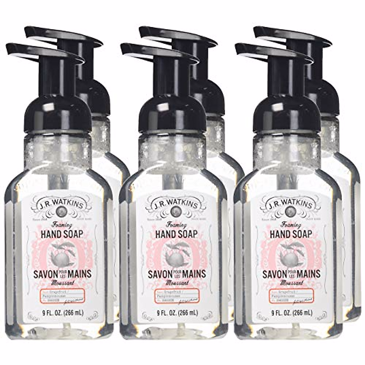 J.R. Watkins Foaming Hand Soap Pump with Dispenser, Moisturizing All Natural Hand Soap Foam, Alcohol-Free, Cruelty-Free, USA Made, Use as Kitchen or Bathroom Soap, Grapefruit, 9 fl oz, 6 Pack