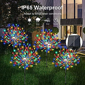 Happy Spark Solar Garden Outdoor Lights, 4 Pack Solar Firework Lights 120 LED Remote Control Decorative Lights Waterproof 8 Modes Landscape Lamp Decor Firefly Fairy Lights for Pathway Patio Yard